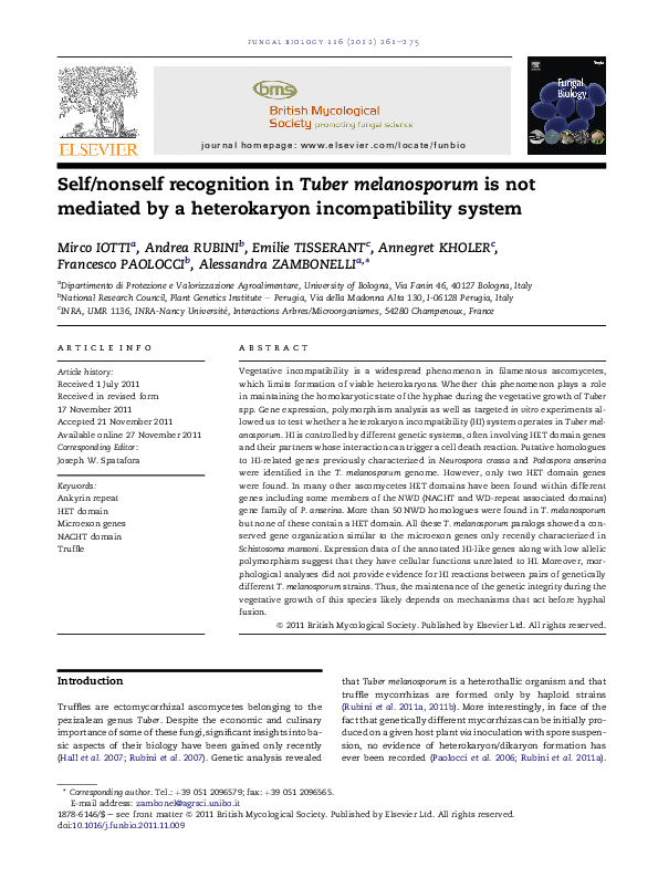 (PDF) Self/nonself recognition in Tuber melanosporum is not mediated by ...