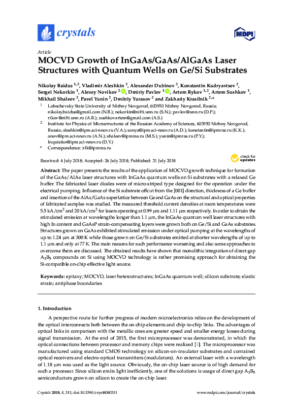 (PDF) MOCVD Growth of InGaAs/GaAs/AlGaAs Laser Structures with Quantum ...