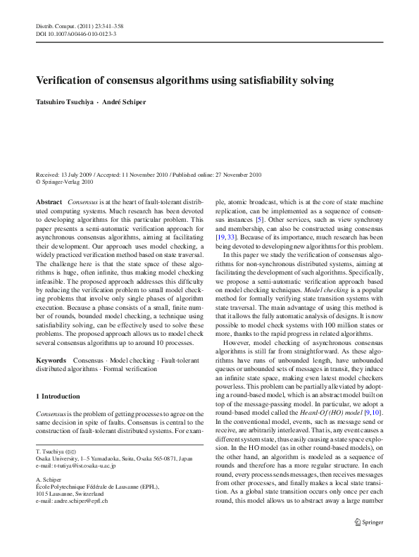 (PDF) Verification of consensus algorithms using satisfiability solving