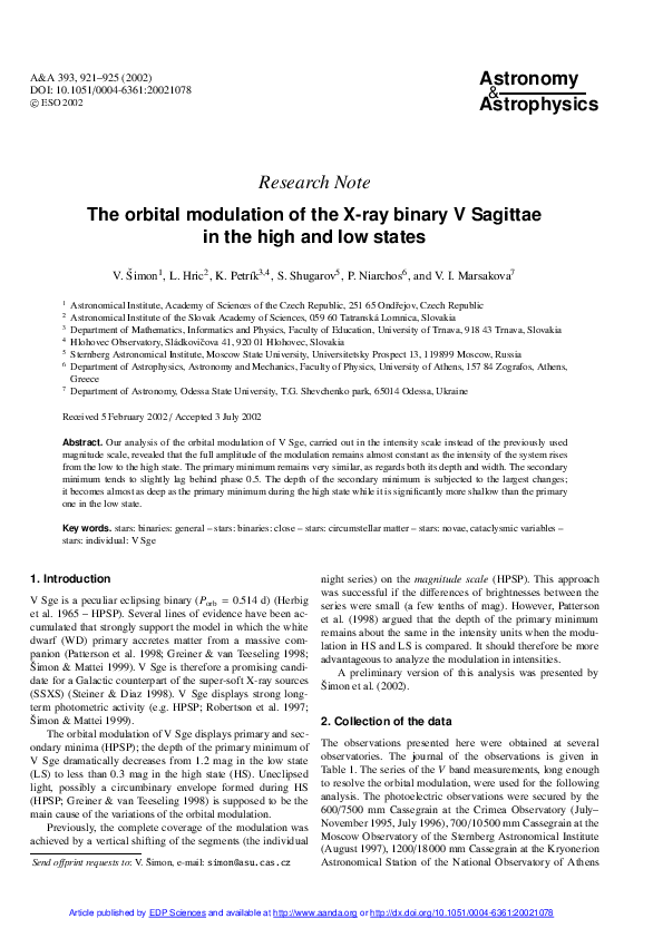 (PDF) The orbital modulation of the X-ray binary V Sagittae in the high ...