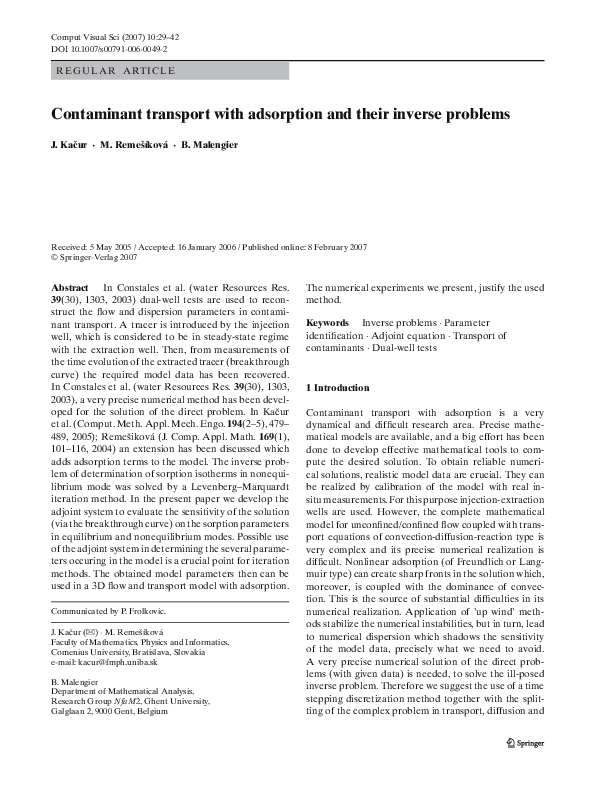 (PDF) Contaminant transport with adsorption and their inverse problems