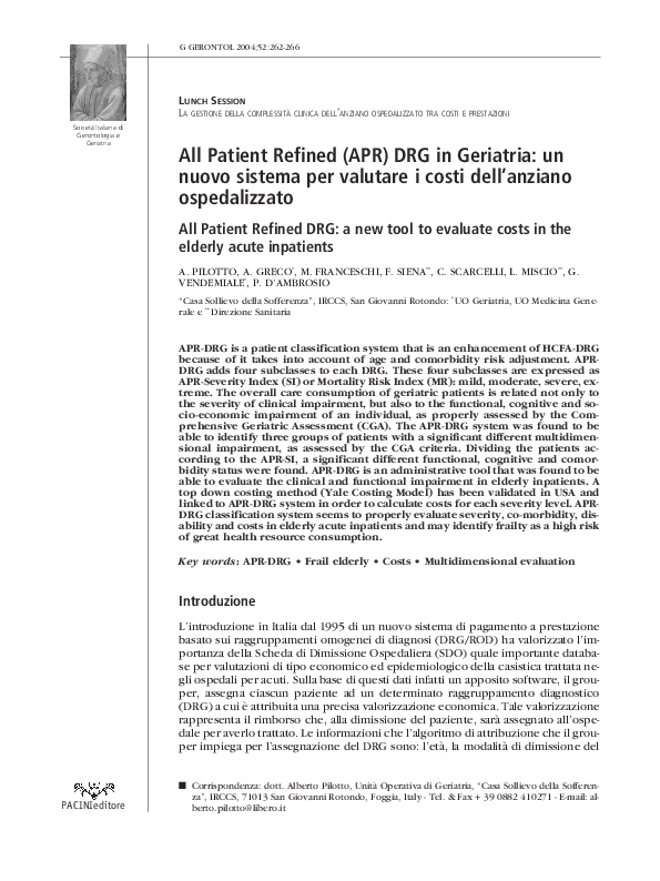 (PDF) All Patient Refined (APR) DRG in Geriatria: un nuovo sistema per ...