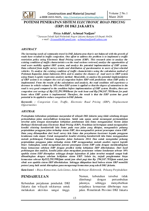 (PDF) Potensi Penerapan Sistem Electronic Road Pricing (Erp) DI Dki Jakarta (PDF) Potensi Penerapan Sistem Electronic Road Pricing (Erp) DI Dki Jakarta