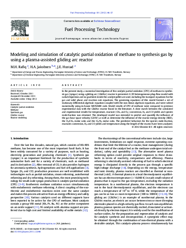 (PDF) Modeling and simulation of catalytic partial oxidation of methane to synthesis gas by ...