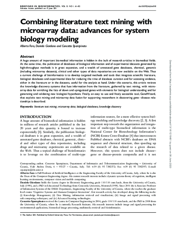 (PDF) Combining literature text mining with microarray data: advances for system biology modeling
