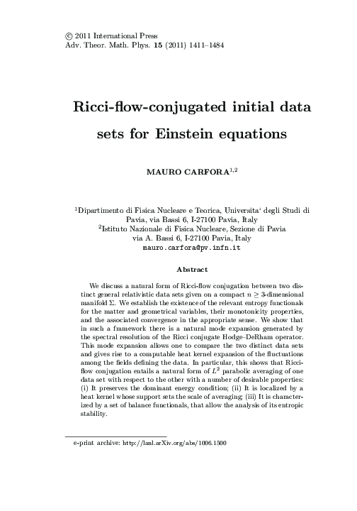 (PDF) Ricci-flow-conjugated initial data sets for Einstein equations