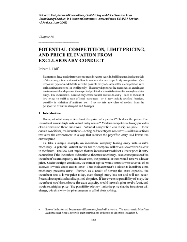 (PDF) Potential Competition, Limit Pricing, and Price Elevation from ...