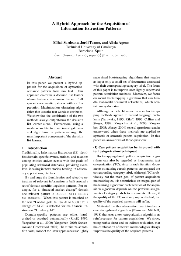 (PDF) A hybrid approach for the acquisition of information extraction patterns | Alicia Ageno ...