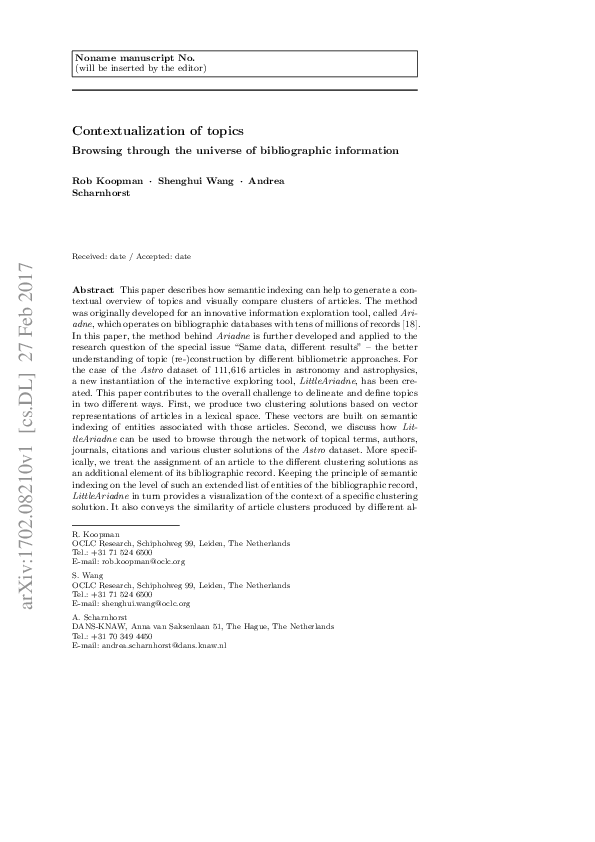(PDF) Contextualization of topics: browsing through the universe of bibliographic information