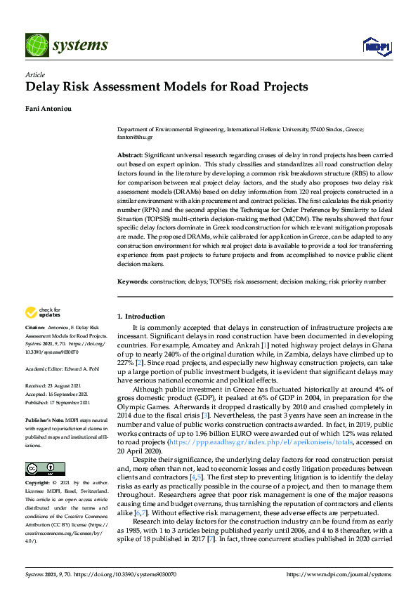 (PDF) Delay Risk Assessment Models for Road Projects