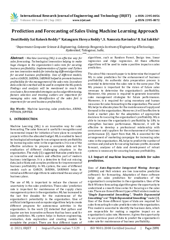 (PDF) IRJET- Prediction and Forecasting of Sales Using Machine Learning ...