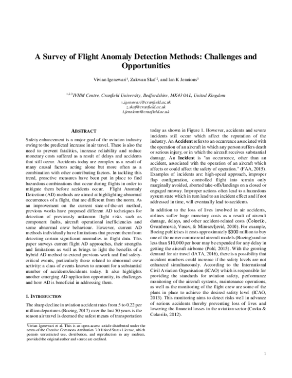 Pdf Survey Of Flight Anomaly Detection Methods Challenges And