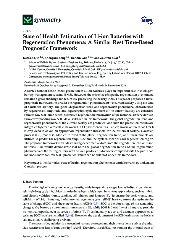 Pdf State Of Health Estimation Of Li Ion Batteries With Regeneration