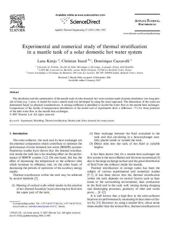 (PDF) Experimental and numerical study of thermal stratification in a ...