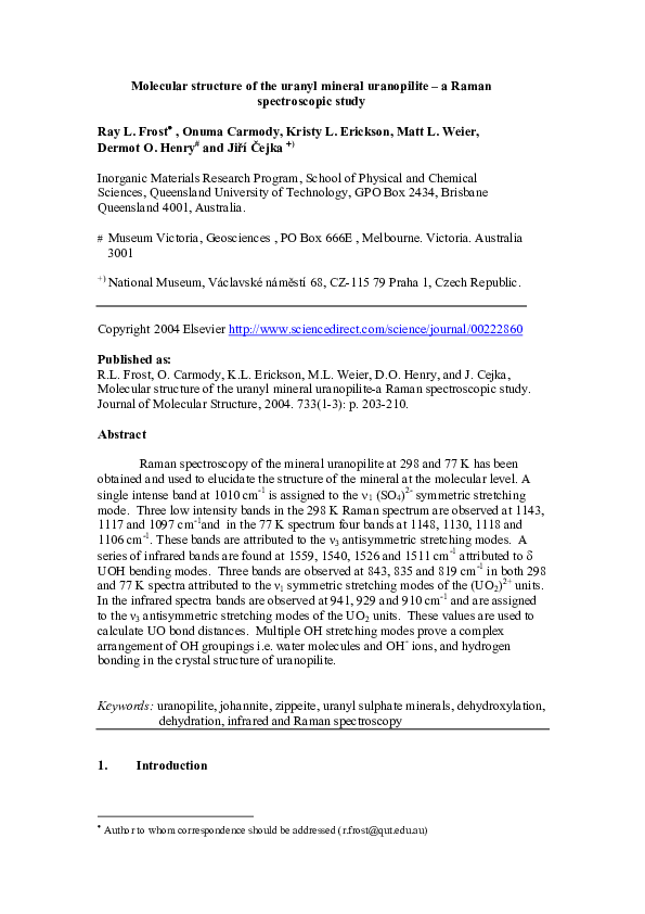 (PDF) Molecular structure of the uranyl mineral uranopilite—a Raman ...