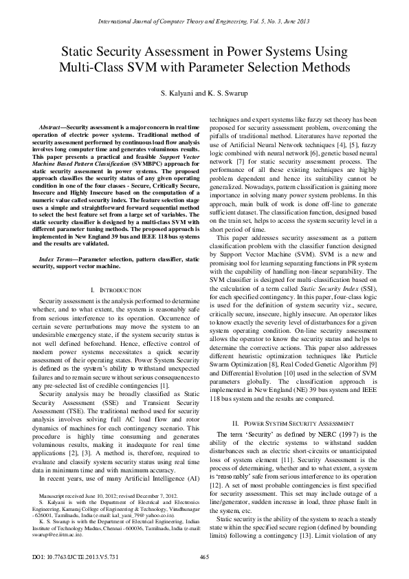 Pdf Static Security Assessment In Power Systems Using Multi Class Svm