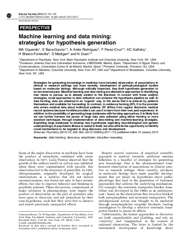 (PDF) Machine learning and data mining: strategies for hypothesis generation