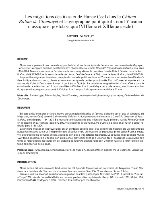 (PDF) Les migrations des itzas et de Hunac Ceel dans le Chilam Balam de ...