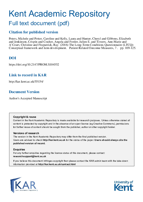 (PDF) The Long-Term Conditions Questionnaire: conceptual framework and ...