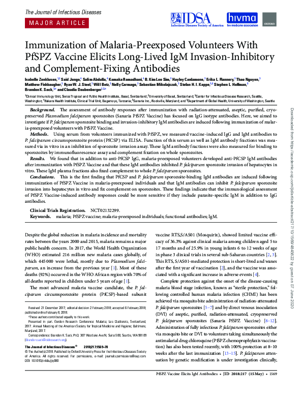 (PDF) Immunization of malaria pre-exposed volunteers with PfSPZ Vaccine ...