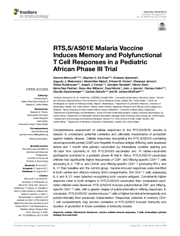 (PDF) RTS,S/AS01E Malaria Vaccine Induces Memory and Polyfunctional T ...