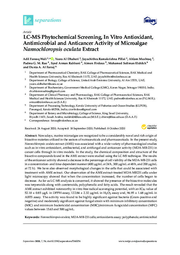 (PDF) LC-MS Phytochemical Screening, In Vitro Antioxidant, Antimicrobial and Anticancer Activity ...