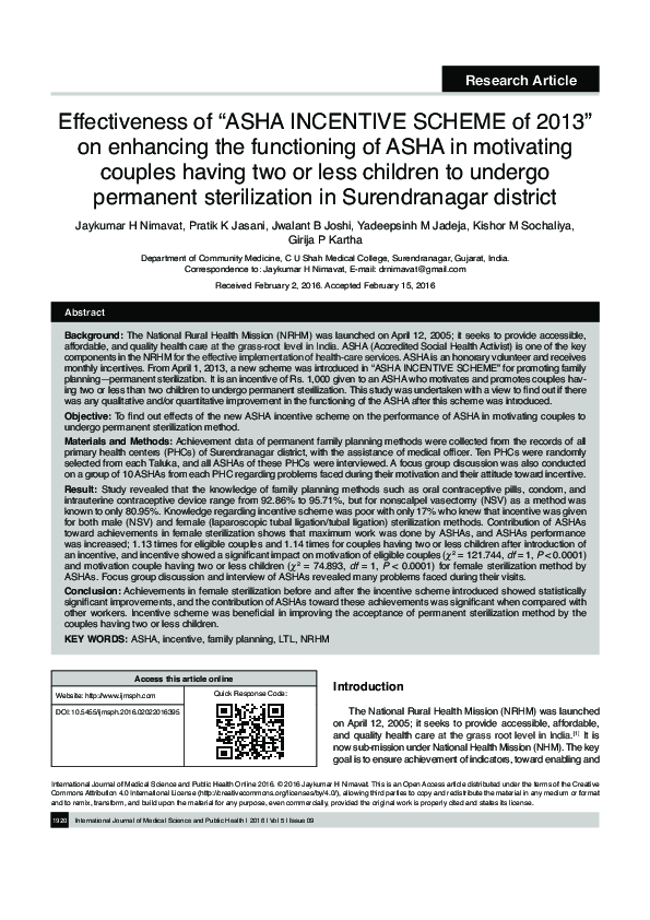 (PDF) Effectiveness of “ASHA INCENTIVE SCHEME of 2013” on enhancing the ...