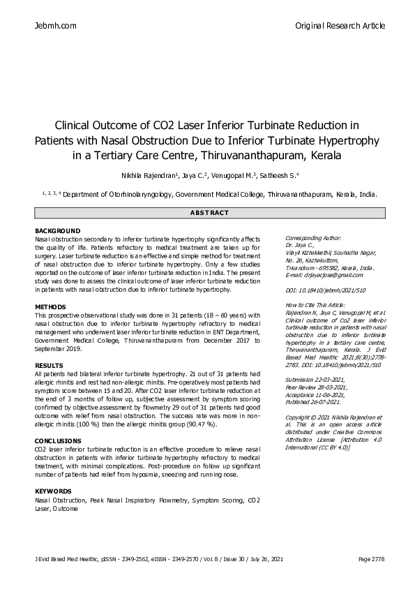 (PDF) Clinical Outcome of CO2 Laser Inferior Turbinate Reduction in ...