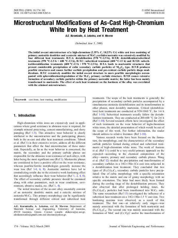 (PDF) Microstructural Modifications of As-Cast High-Chromium White Iron by Heat Treatment