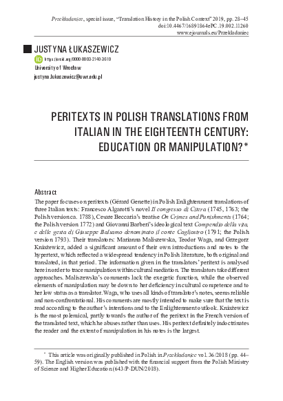 (PDF) Polish Enlightenment Translations of Italian