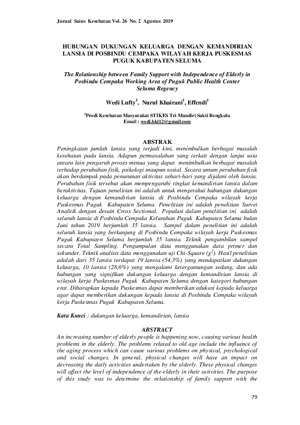 (PDF) Hubungan Dukungan Keluarga Dengan Kemandirian Lansia DI Posbindu Cempaka Wilayah Kerja ...