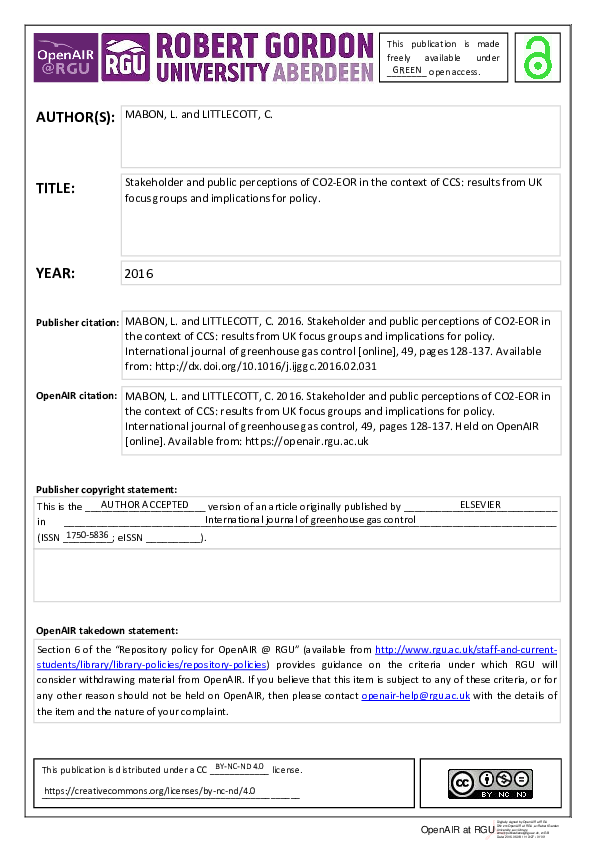 (PDF) Stakeholder and public perceptions of CO 2 -EOR in the context of ...