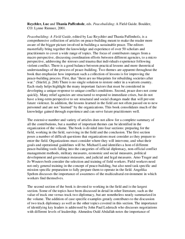 (PDF) Reychler, Luc and Thania Paffenholz, eds. Peacebuilding: A Field ...