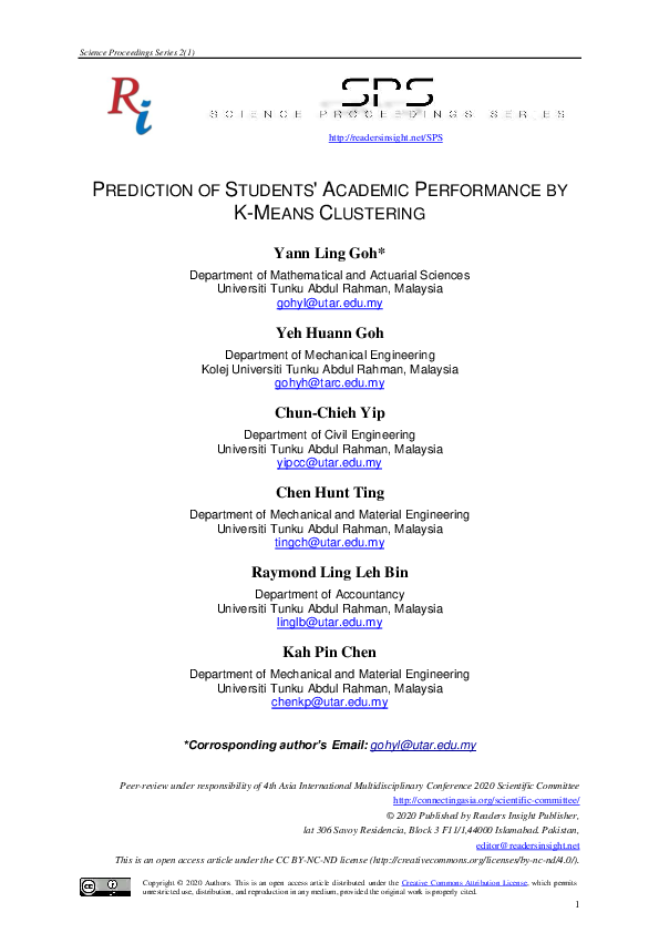 (PDF) Prediction of Students' Academic Performance by K-Means Clustering