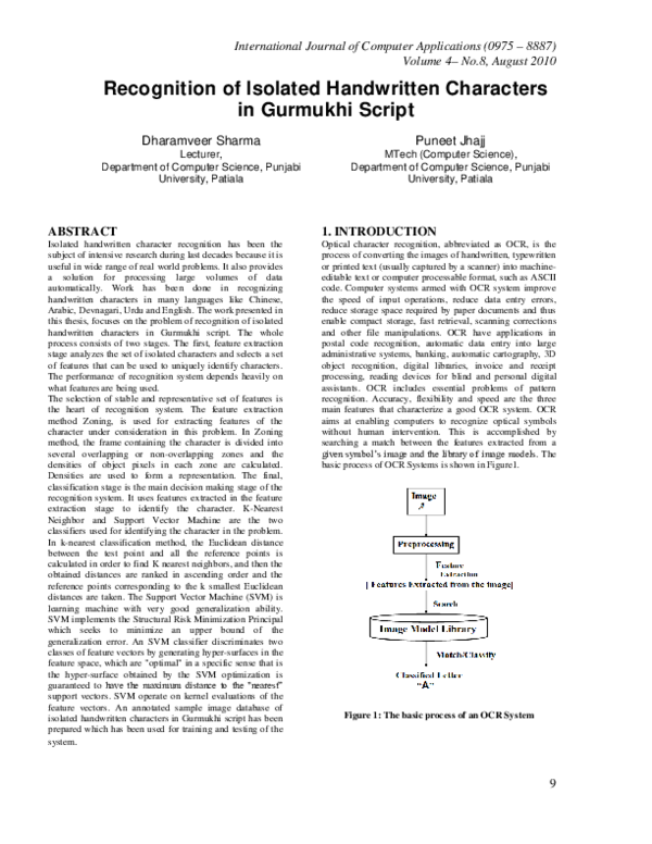 Pdf Recognition Of Isolated Handwritten Characters In Gurmukhi Script