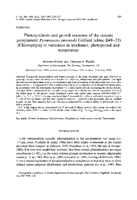(PDF) Photosynthesis and growth response of the oceanic picoplankter ...