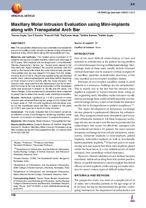 (PDF) Maxillary Molar Intrusion Evaluation using Mini-implants along ...