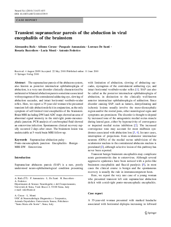 (PDF) Transient supranuclear paresis of the abduction in viral ...