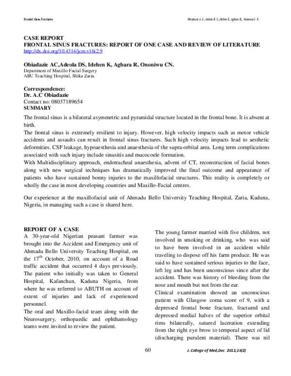 (PDF) Frontal sinus fractures: report of one case and review of literature
