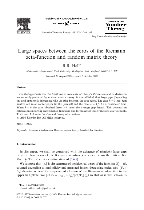 (PDF) Large spaces between the zeros of the Riemann zeta-function and random matrix theory