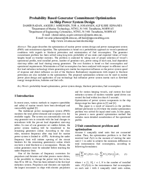 (PDF) Probability Based Generator Commitment Optimization in Ship Power System Design