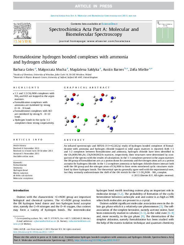 (PDF) Formaldoxime hydrogen bonded complexes with ammonia and hydrogen ...