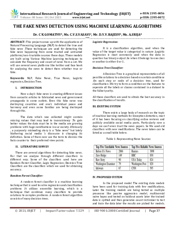 (PDF) IRJET- THE FAKE NEWS DETECTION USING MACHINE LEARNING ALGORITHMS
