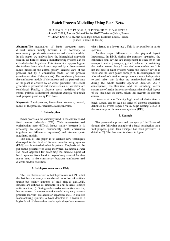 (PDF) Batch process modelling using Petri nets
