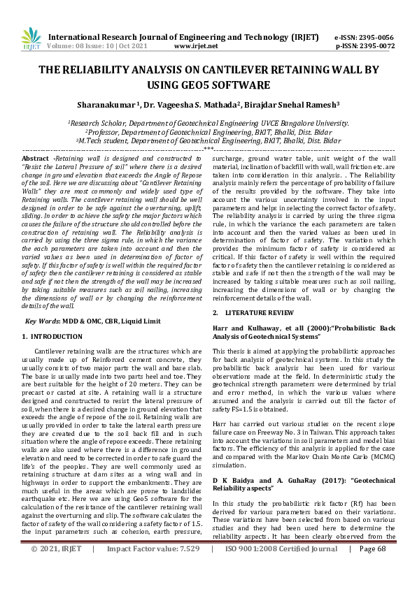 (PDF) IRJET- THE RELIABILITY ANALYSIS ON CANTILEVER RETAINING WALL BY ...
