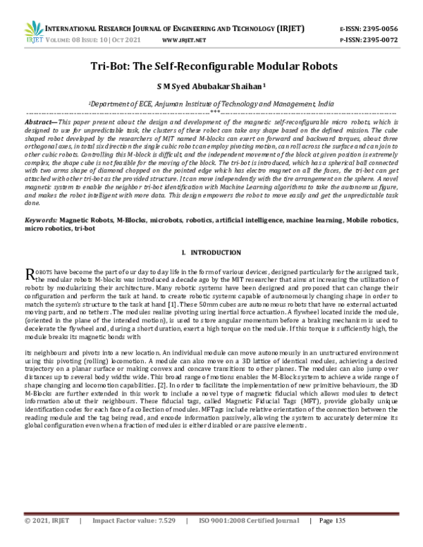 Pdf Irjet Tri Bot The Self Reconfigurable Modular Robots Irjet Journal