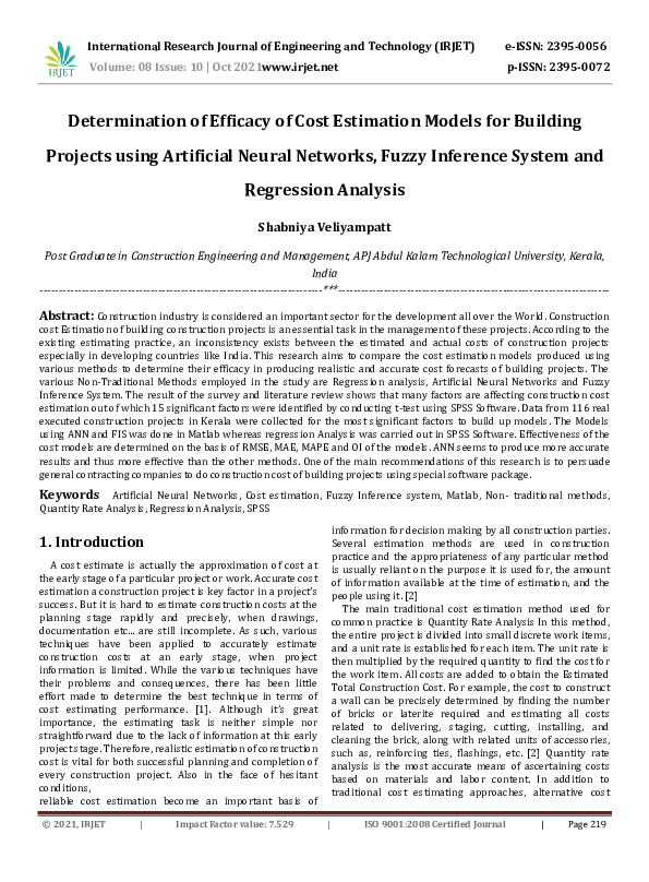 (PDF) IRJET- Determination of Efficacy of Cost Estimation Models for ... (PDF) IRJET- Determination of Efficacy of Cost Estimation Models for ...