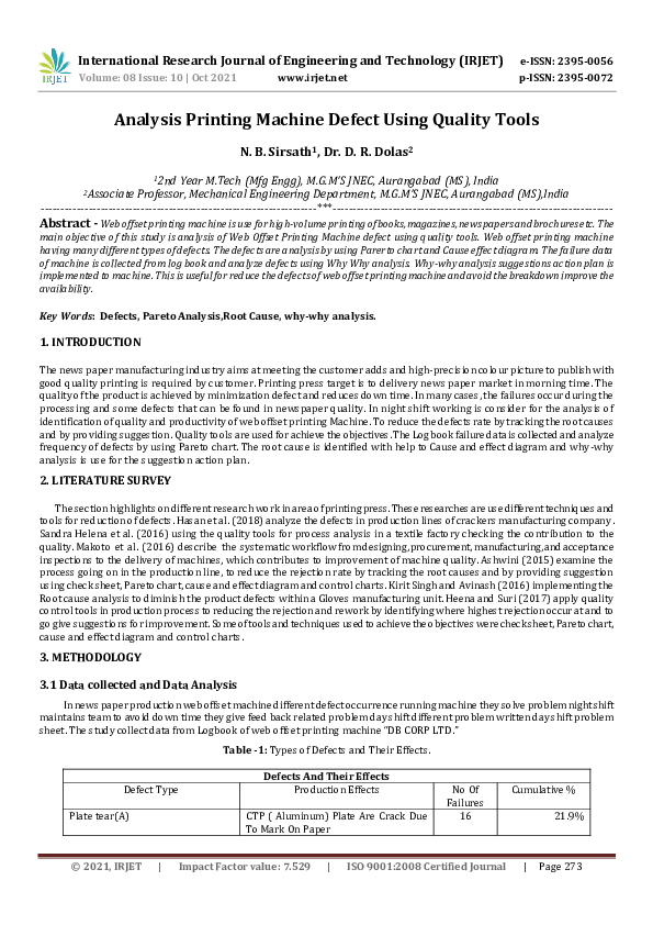 Pdf Irjet Analysis Printing Machine Defect Using Quality Tools