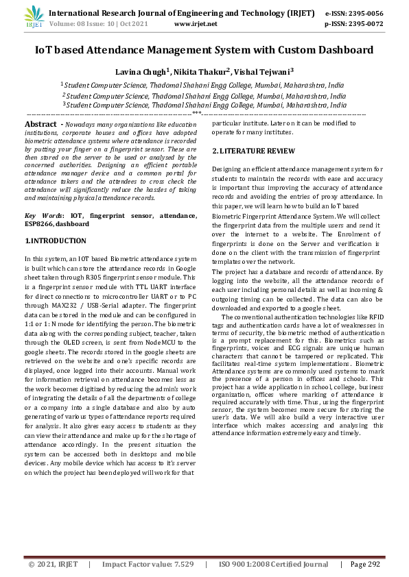(PDF) IRJET- IoT based Attendance Management System with Custom Dashboard