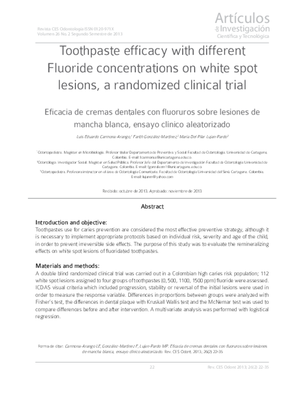 (PDF) Eficacia de cremas dentales con fluoruros sobre lesiones de mancha blanca, ensayo clínico ...